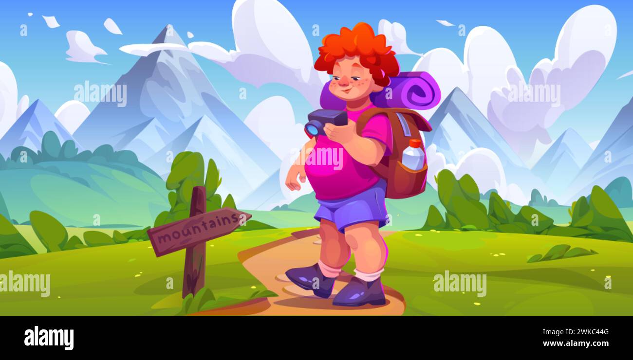 Teen boy with hiking backpack and equipment looking at his photography ...