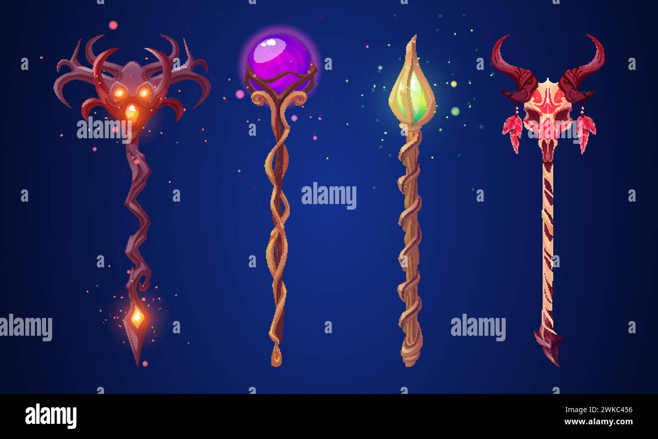 Fantasy scepter made of wood with magic ball, animal skull and glowing ...