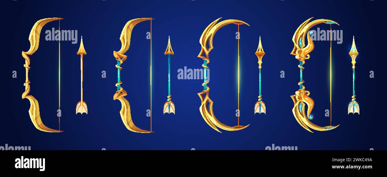 Golden bows and arrows set isolated on background. Vector cartoon ...