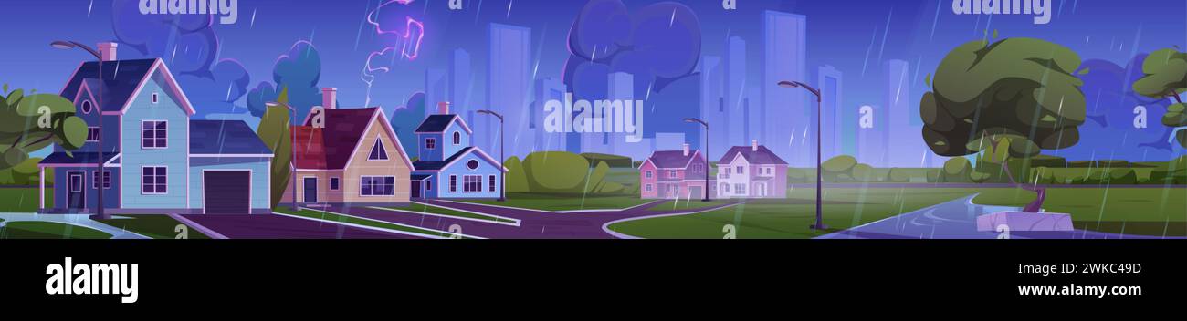 Suburban landscape with countryside house in rain. Cartoon vector ...