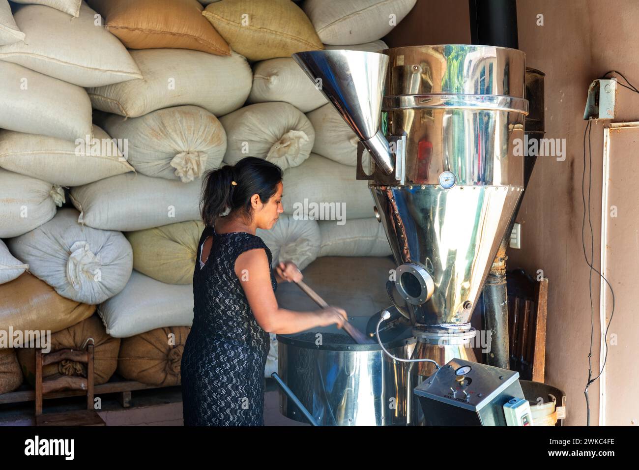 A woman roasting coffee beans on a coffee plantation, Pluma Hidalgo ...