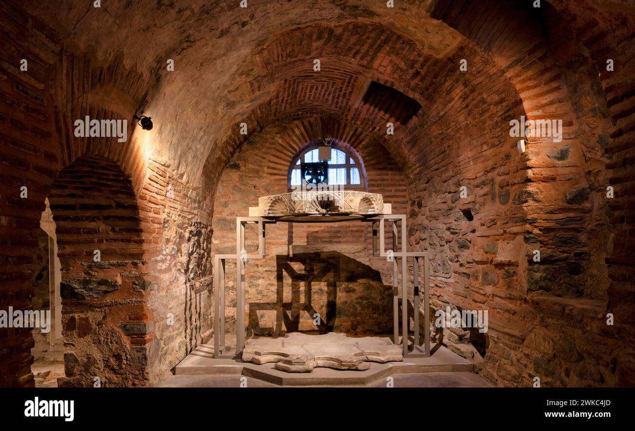 Interior view of the ambo, crypt, remains of the Roman baths, Hagios ...