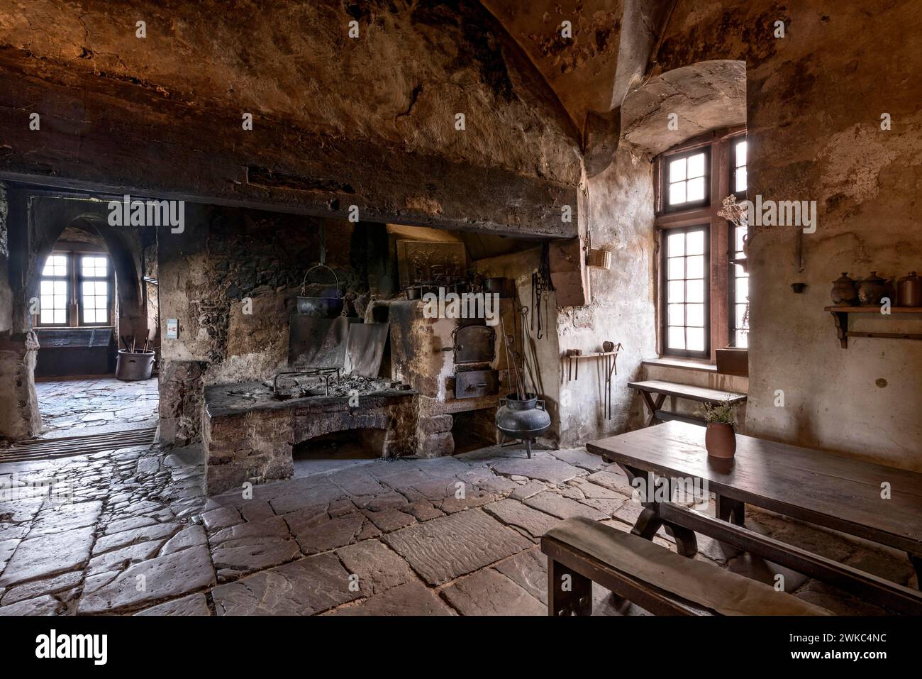 Kitchen with fireplace, hob and soot-blackened ceiling, soot, medieval ...