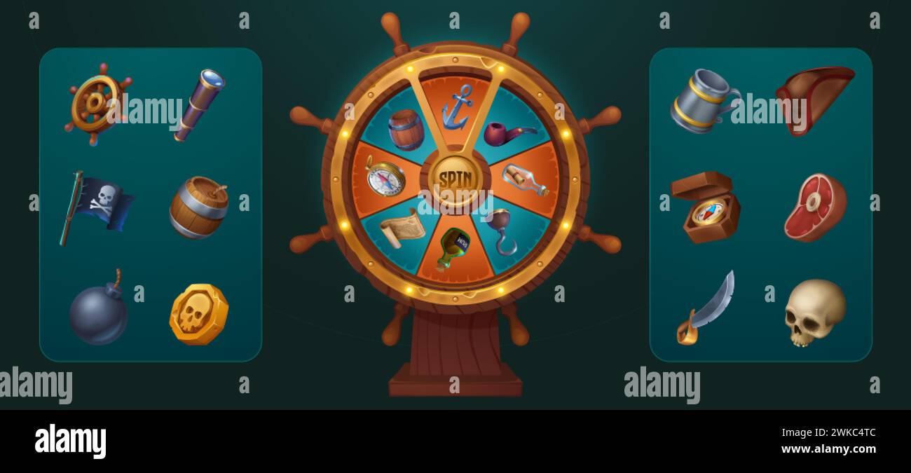 Pirate game spin wheel with slot ui fortune icon set. Isolated bottle ...