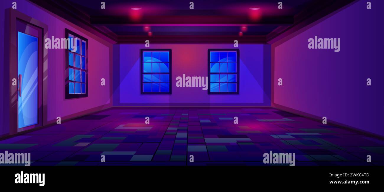 Empty room with door and windows at night. Cartoon vector illustration ...
