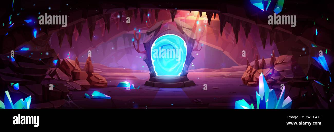 Dark cave with gemstones and magic portal. Vector cartoon illustration ...