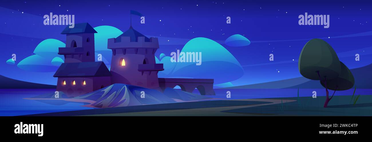 Royal medieval castle on island at night. Cartoon vector dark midnight ...