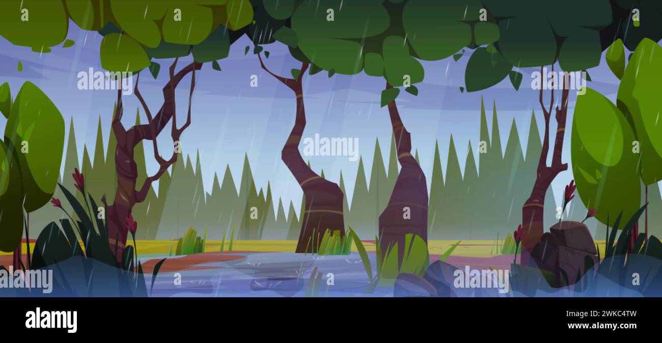 Rain in flooded forest with water puddles on ground. Vector cartoon ...