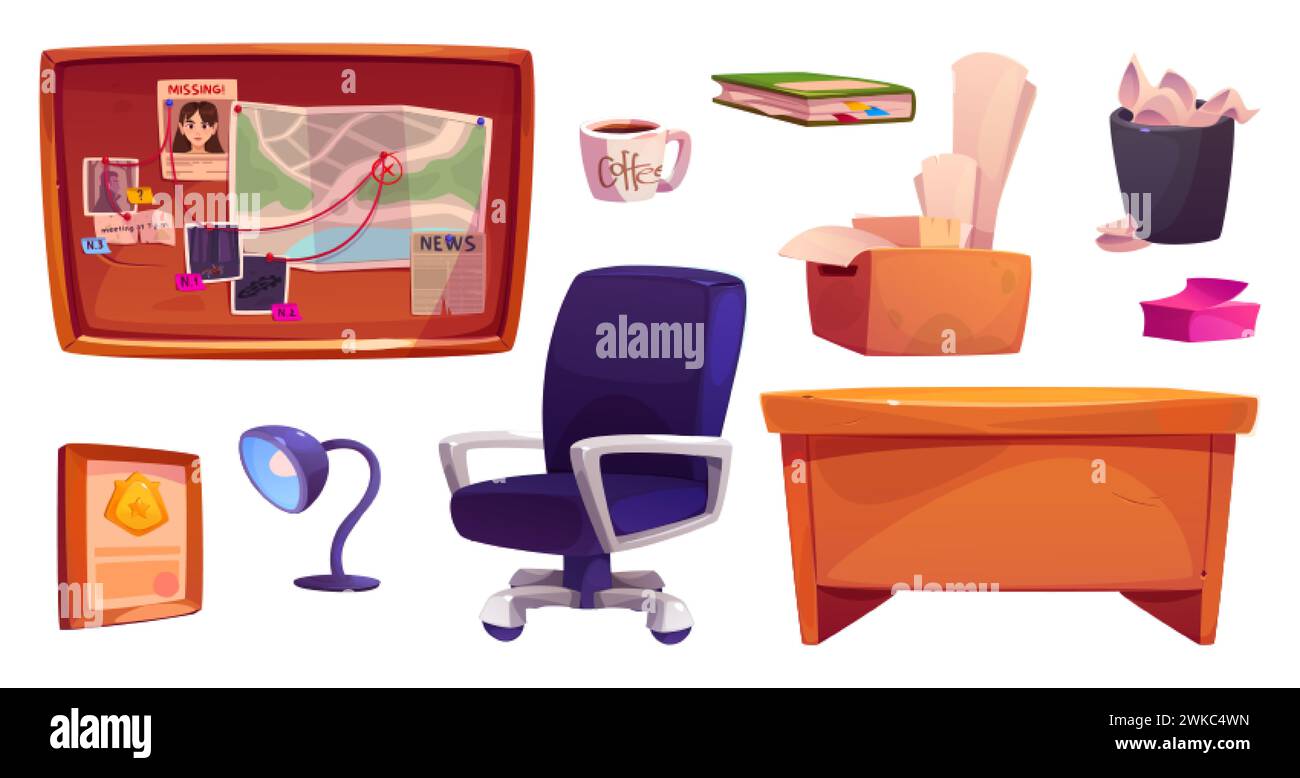 Police detective office furniture set isolated on white background ...