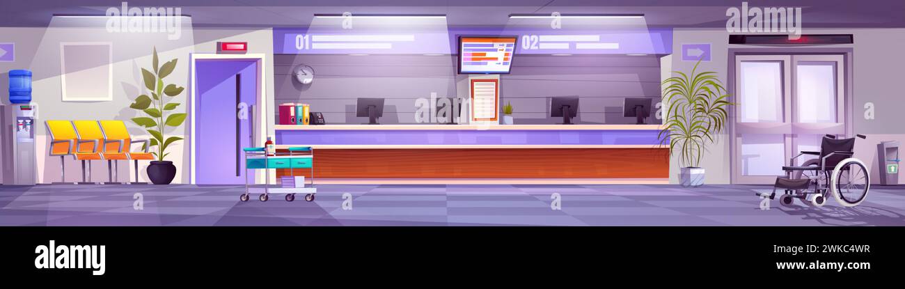 Hospital lobby interior. Vector cartoon illustration of large waiting ...