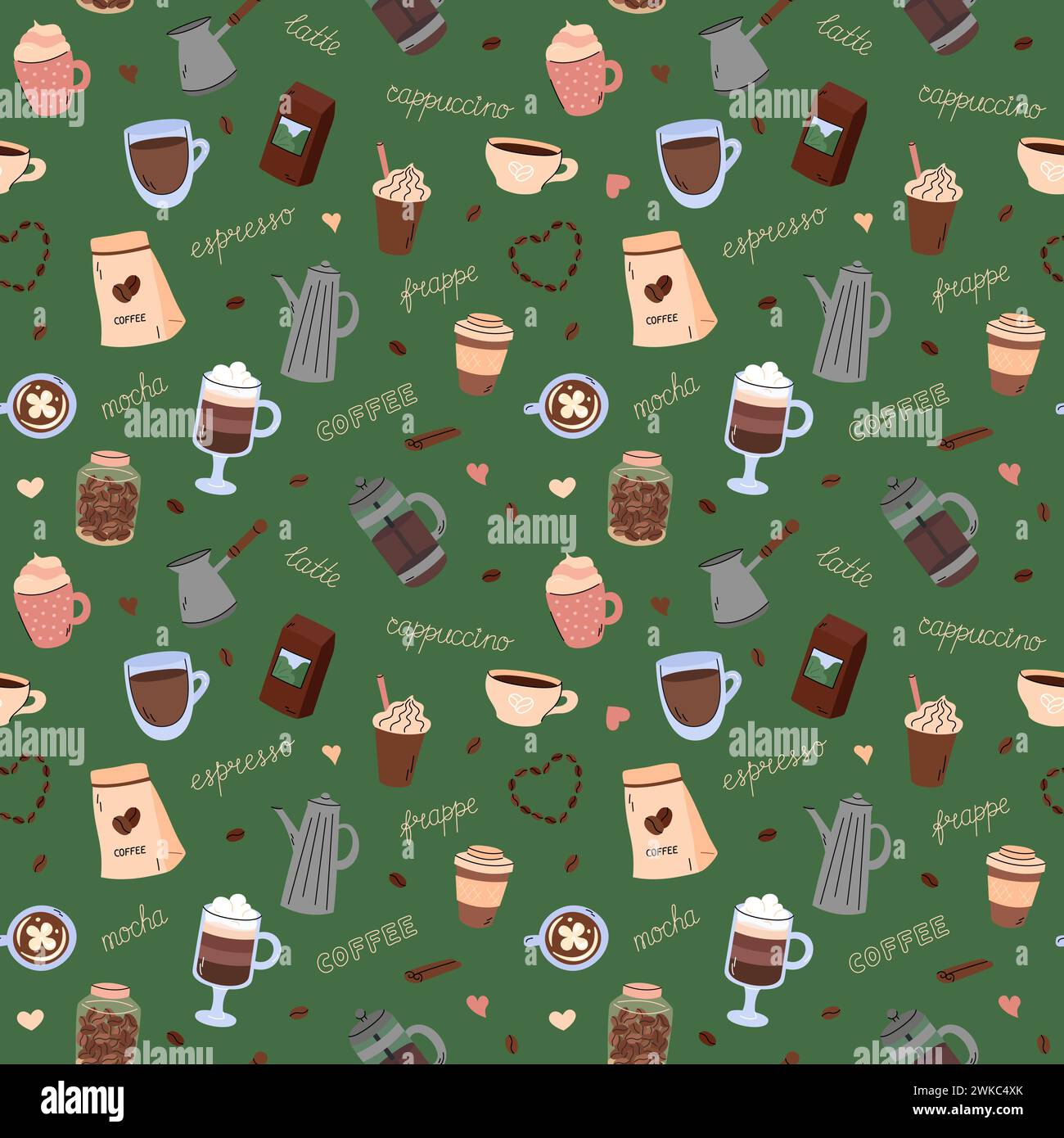 Coffee seamless pattern vector. Cute green background with coffee ...