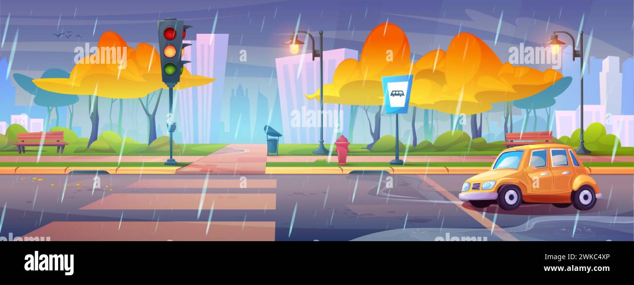 Autumn city road in rainy weather. Vector cartoon illustration of car ...