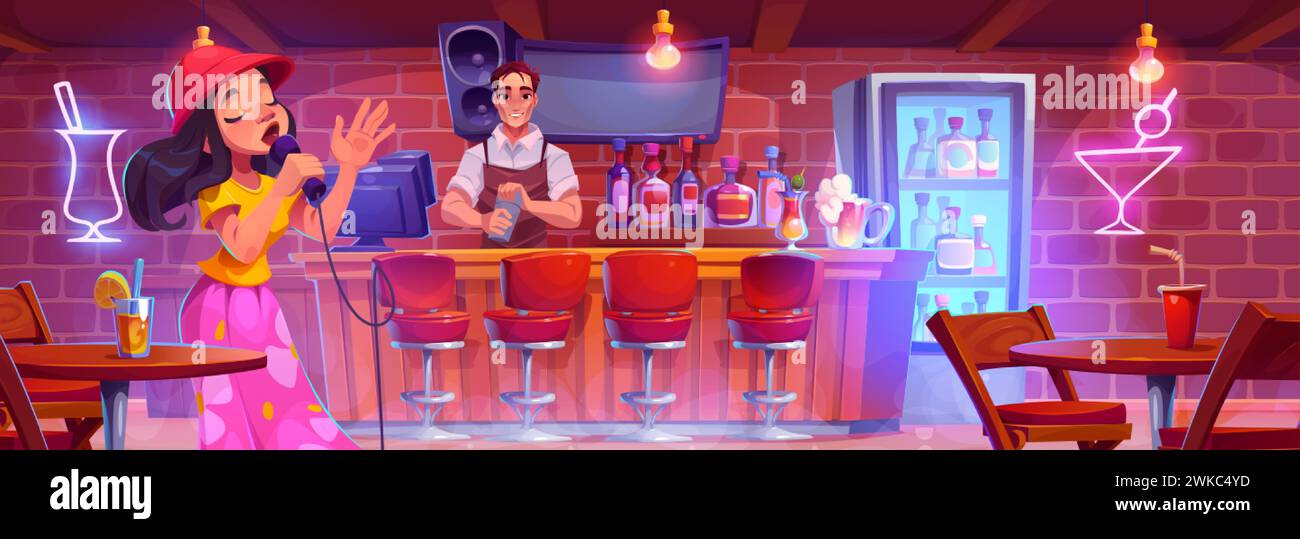 Pub bar interior with bartender making cocktail behind counter with ...