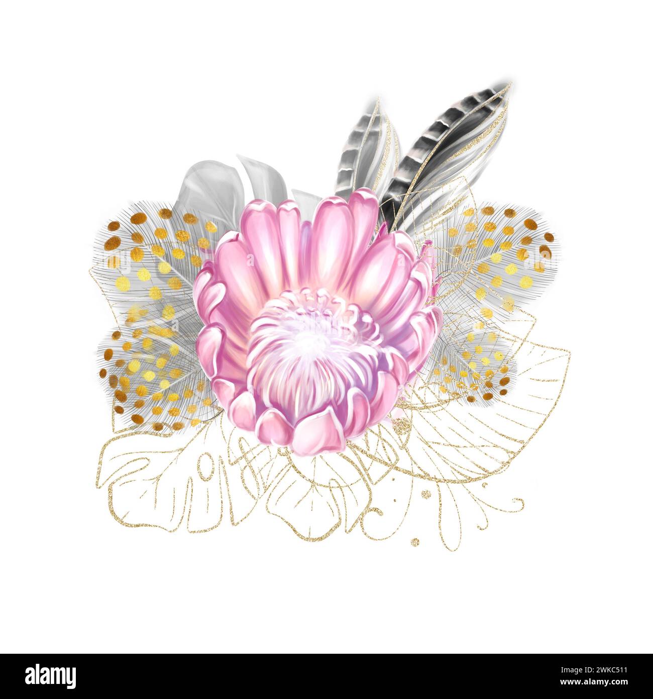 Bouquet of watercolor tropical flowers pink protea and gold monstera ...