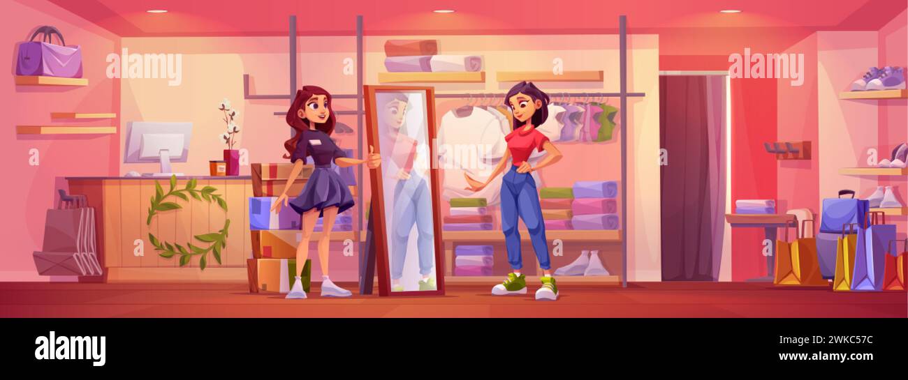 Woman in retail fashion store mall vector design. Boutique shop for ...