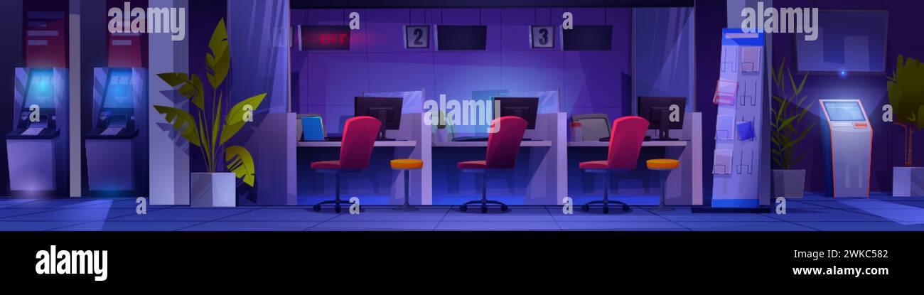 Night bank office interior design. Vector cartoon illustration of dark ...