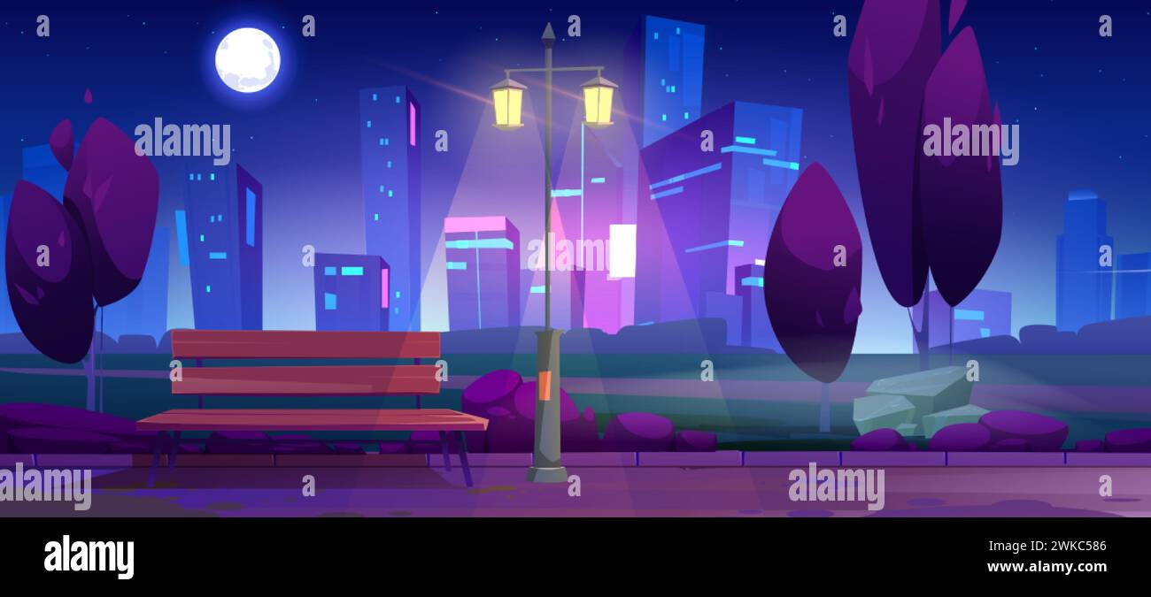 Night city park with bench and light on street cartoon landscape. Full ...