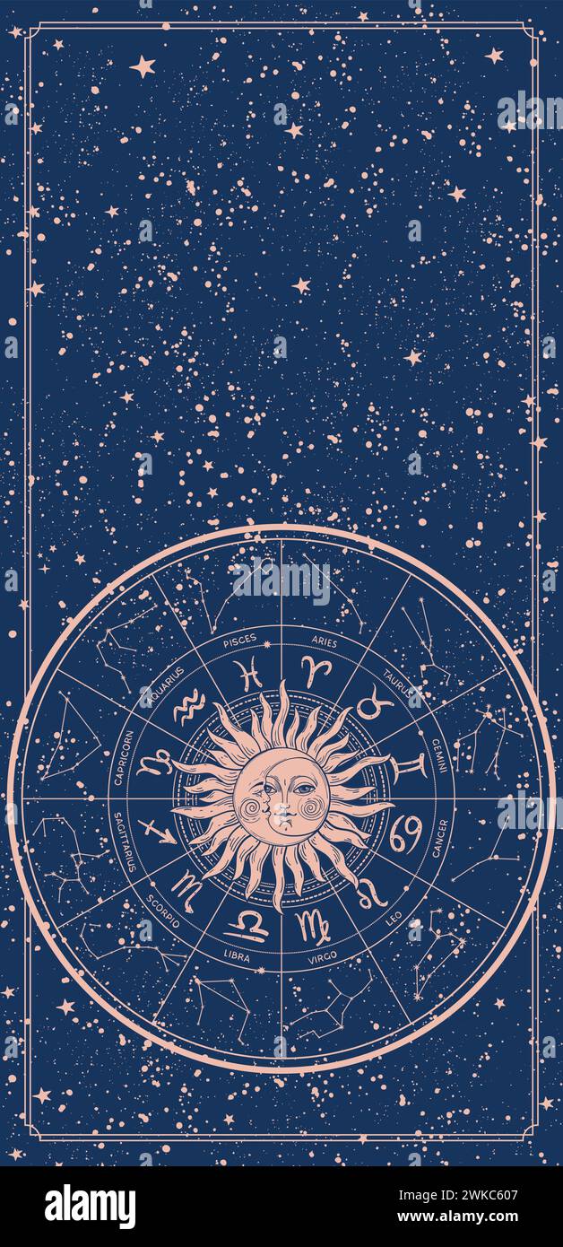 Mystical astrology card, Wheel with zodiac signs, constellations and ...