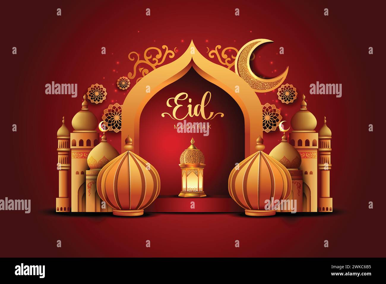 eid mubarak art greetings with golden mosque and red background ...