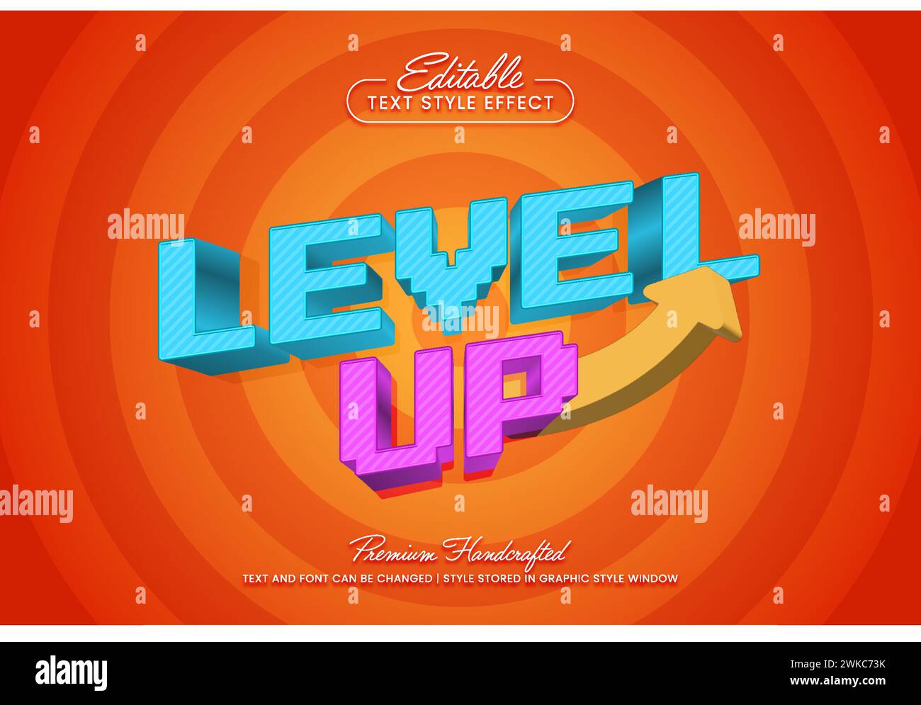 Editable vector text effect graphic style. Level up 3D vector headline ...