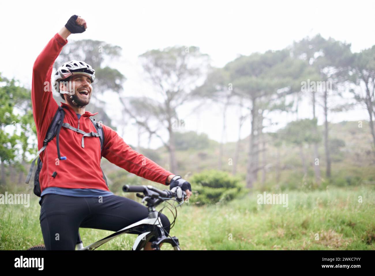 Fitness, winner and man cycling in countryside for adventure, discovery ...