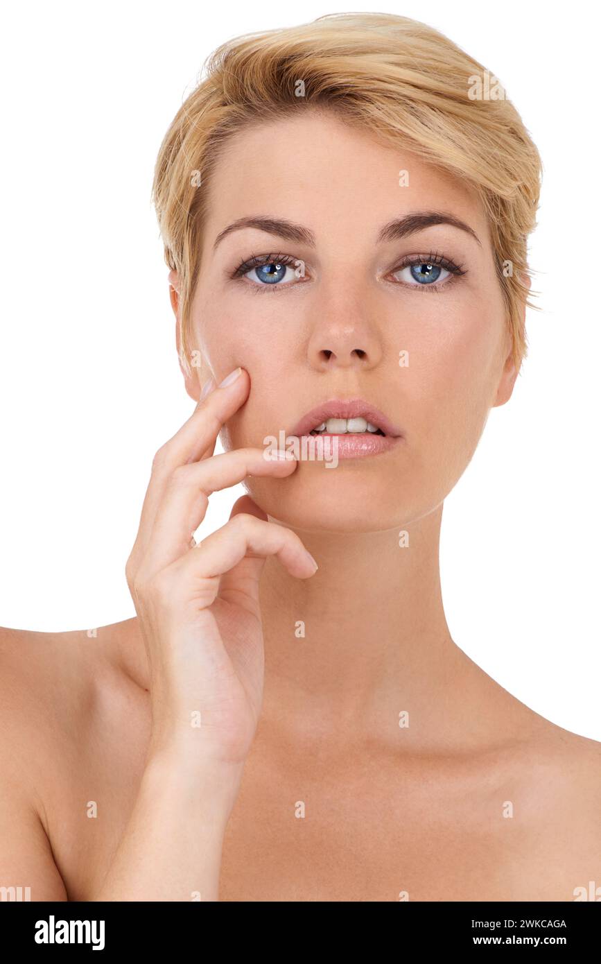 Glow, skincare and woman with hand on face in studio for soft, beauty ...