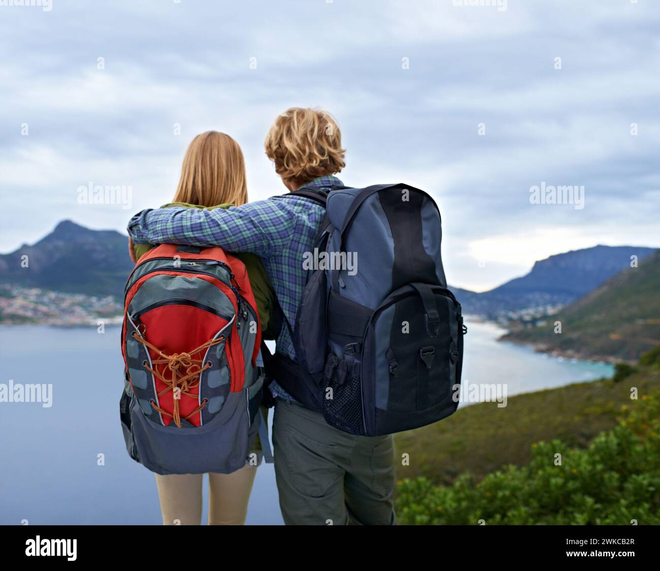 Hiking, nature and back of couple on mountain with backpack for freedom ...