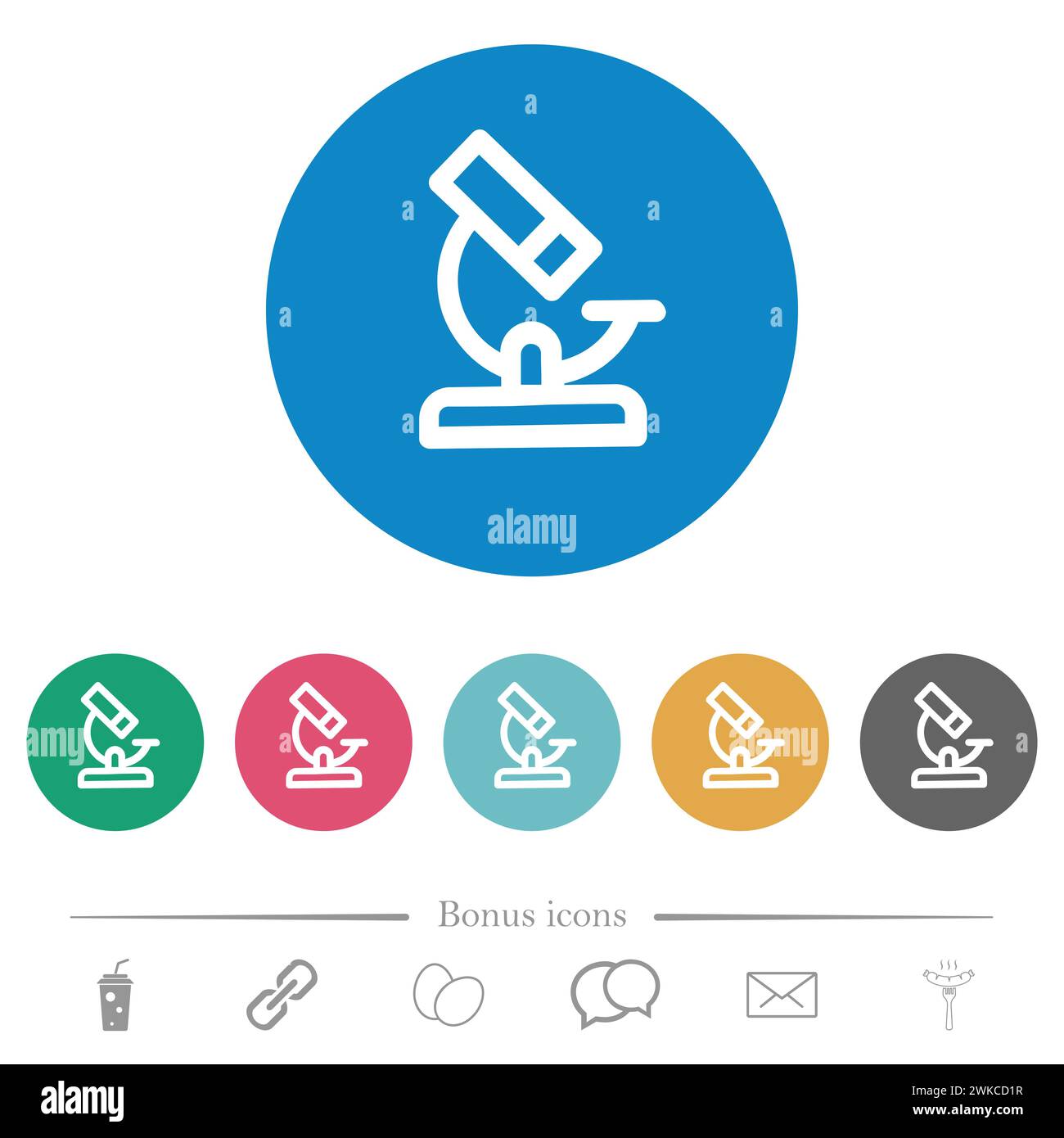 Microscope outline flat white icons on round color backgrounds. 6 bonus ...
