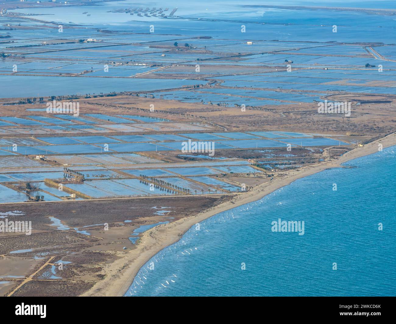 Aerial view of rice fields flooded with water in the Ebro Delta in ...