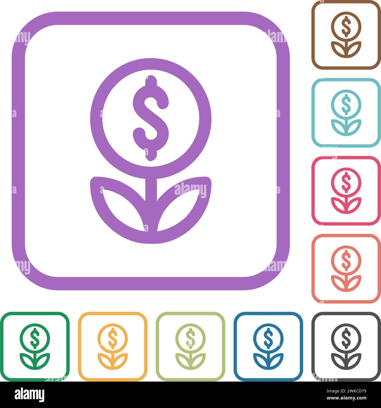 Money plant outline simple icons in color rounded square frames on ...