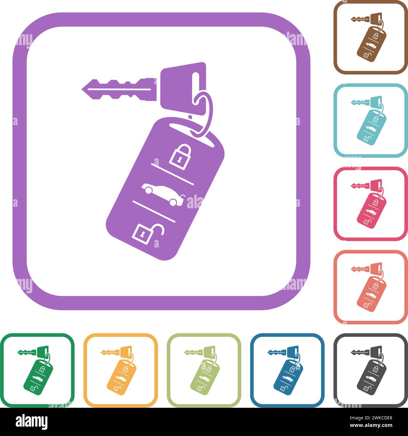 Car key with remote control simple icons in color rounded square frames on white background ...