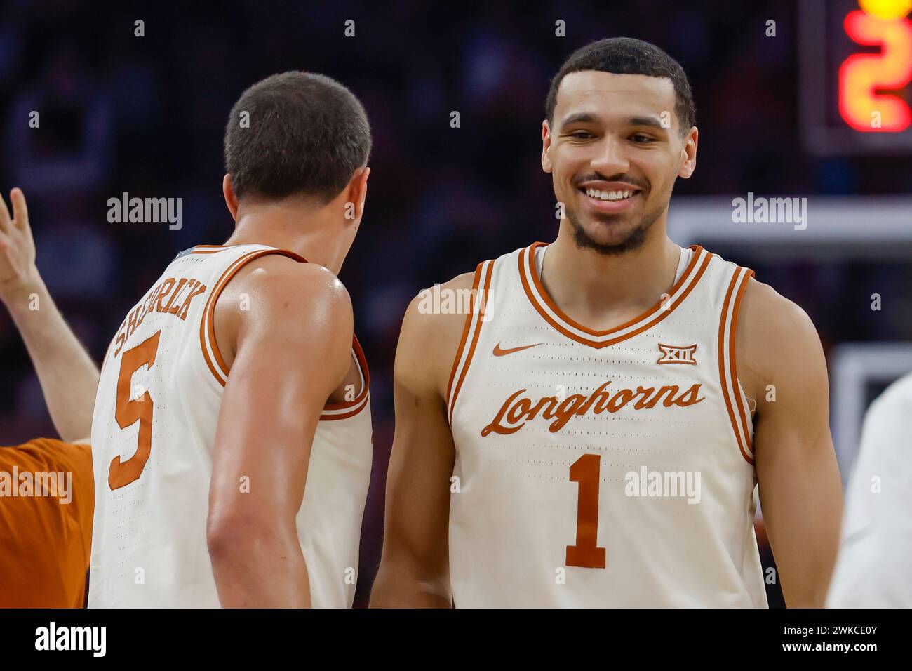 AUSTIN, TX - FEBRUARY 19: Texas Longhorns forward Dylan Disu (1) smiles ...