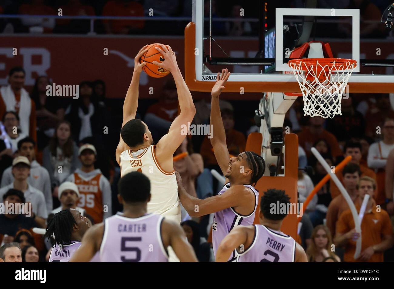 AUSTIN, TX - FEBRUARY 19: Texas Longhorns forward Dylan Disu (1) grabs ...