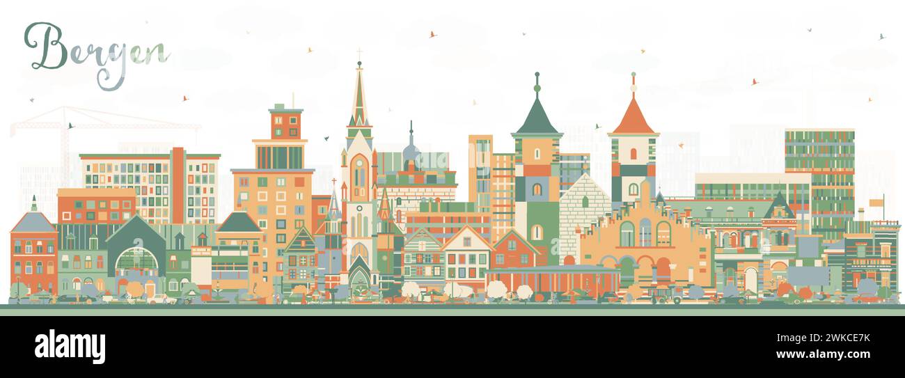 Bergen Norway City Skyline with Color Buildings. Vector Illustration ...