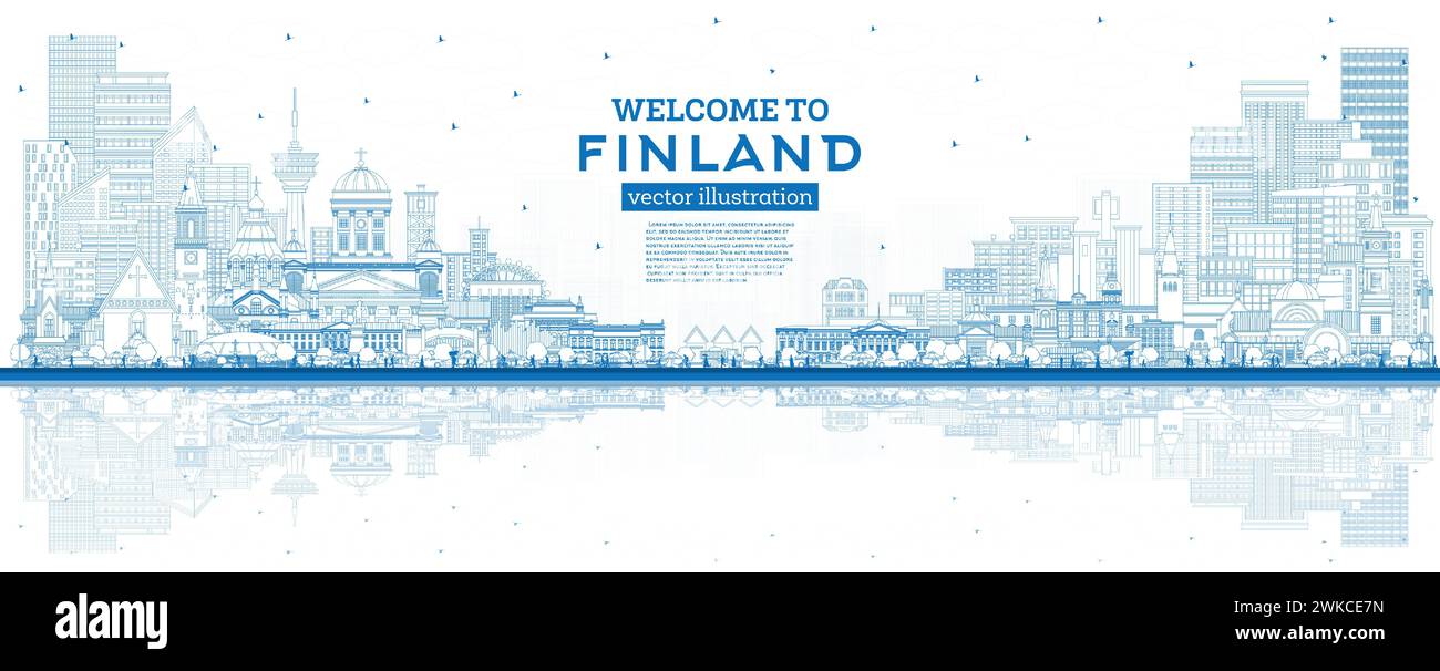 Outline Finland city skyline with blue buildings and reflections ...