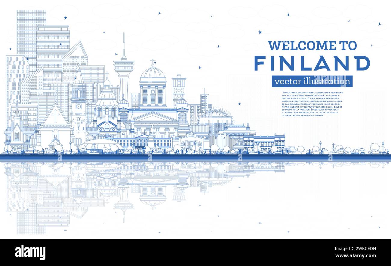 Outline Finland city skyline with blue buildings and reflections ...
