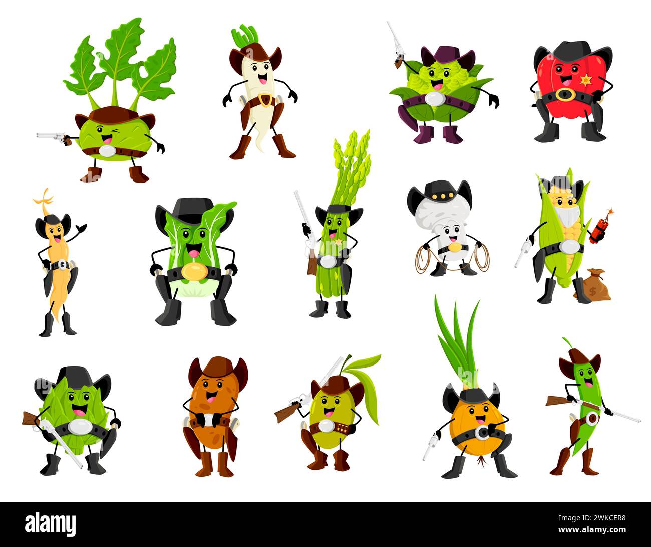 Cartoon wild west western cowboy, ranger, sheriff and robbers vegetable ...
