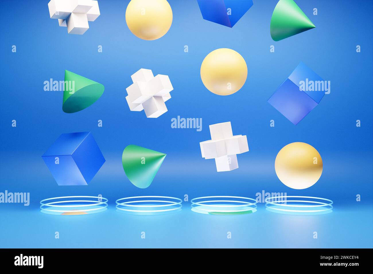 3D illustration Abstract multi-colored shapes: cube, torus, sphere ...