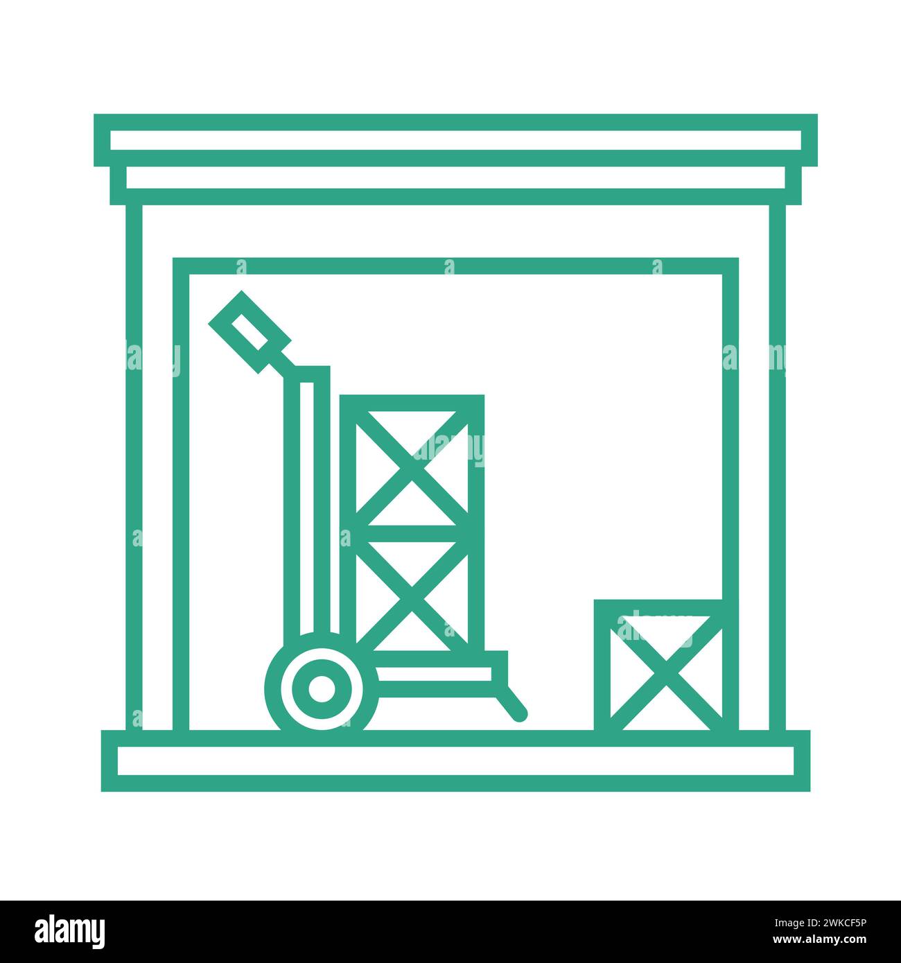 Small warehouse with boxes and parcel trolley. Outline icon isolated on ...