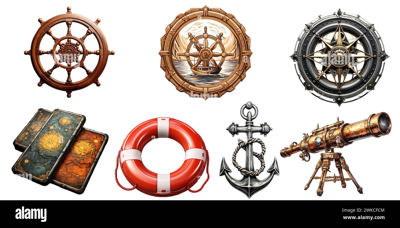 A set of 3d objects map, lifebuoy, steering wheel, anchor, compass ...