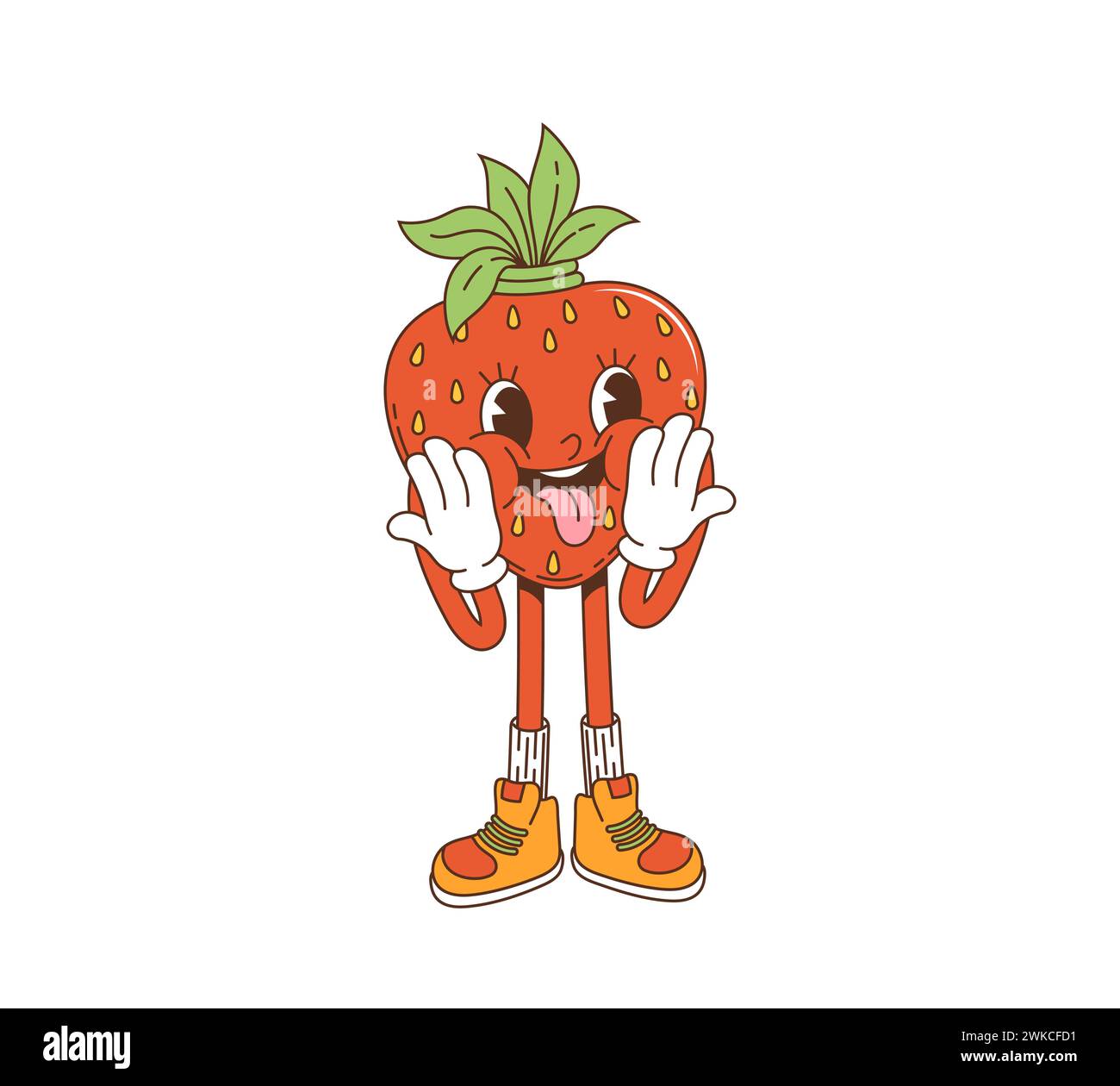Cartoon retro groovy strawberry character showing tongue. Isolated ...