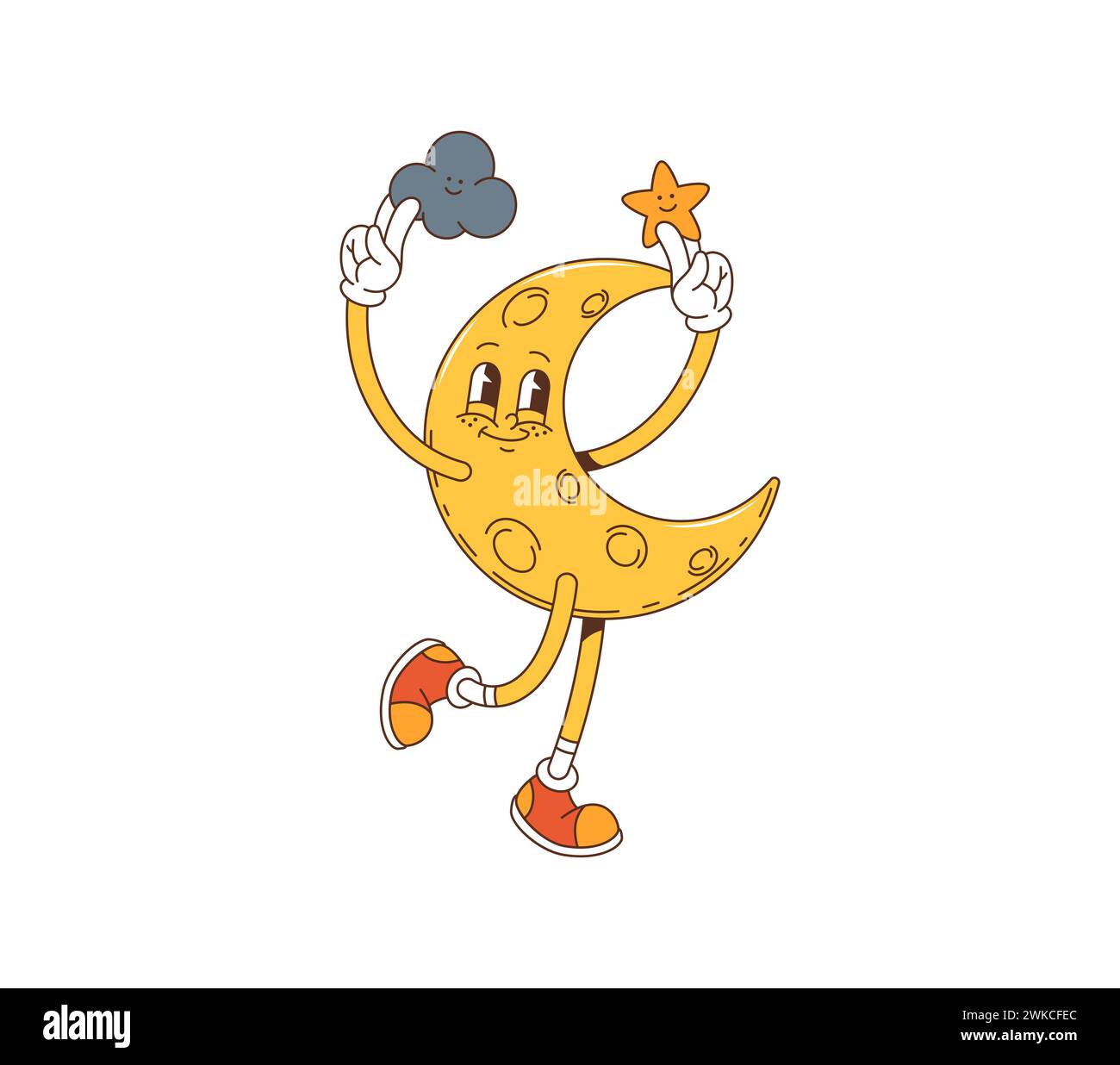 Cartoon retro groovy moon character dance with star and cloud. Isolated ...