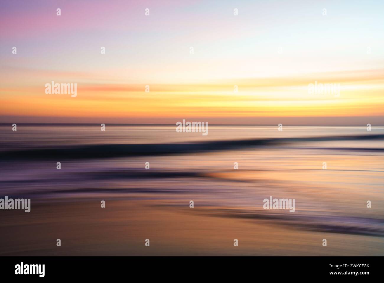 Abstract seascape, sunset on the beach, colorful scene in bright golden ...