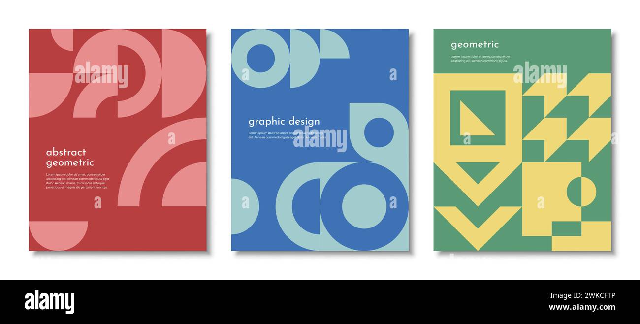 Retro abstract posters with geometric pattern of maroon, blue and green ...