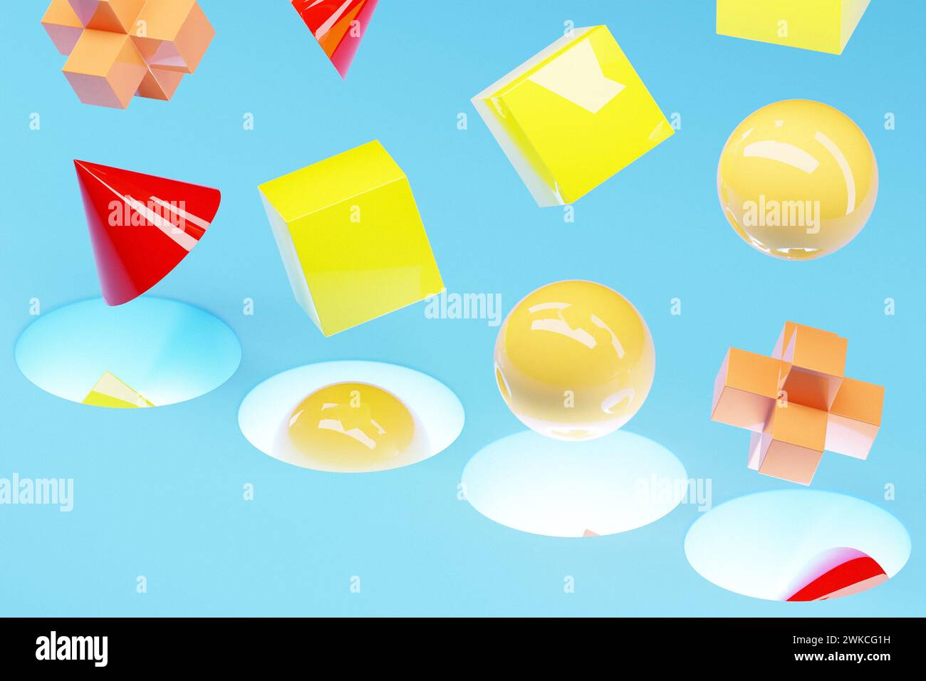 3D illustration of multi-colored volumetric geometric shapes falling ...