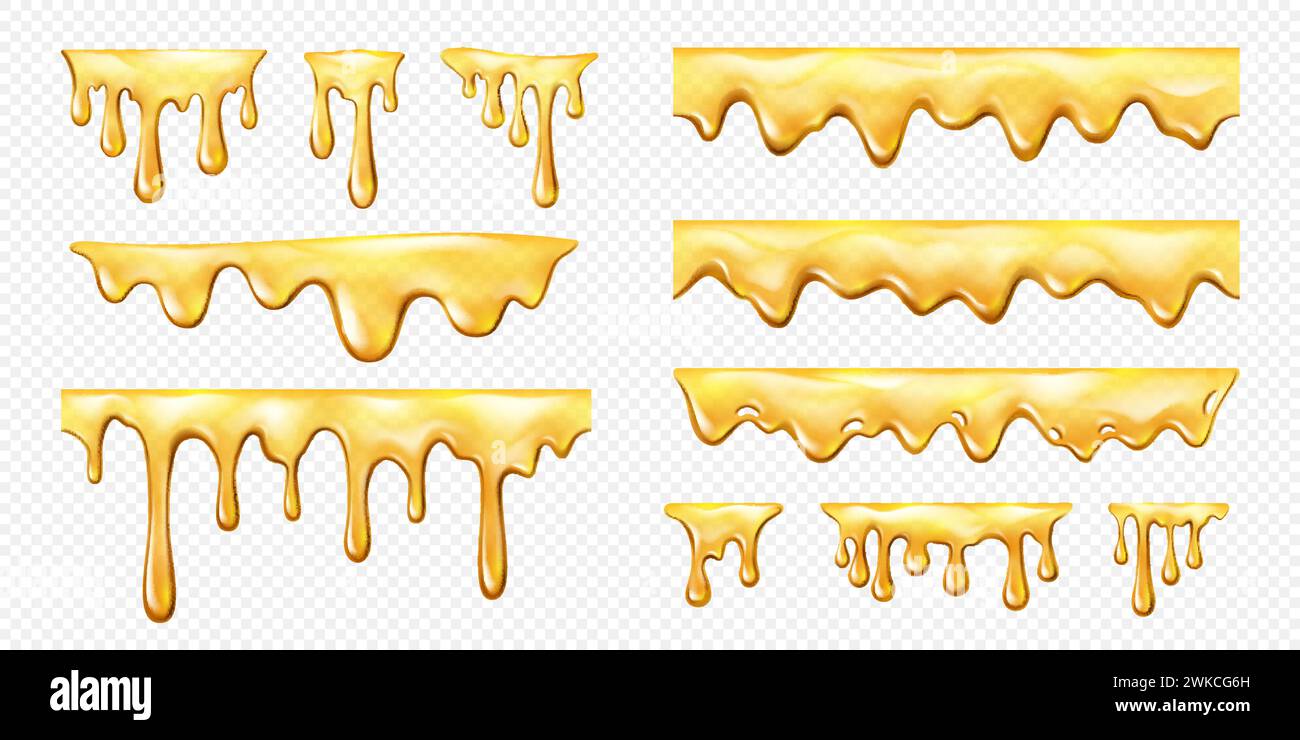 Realistic sweet yellow honey melt drip. Tasty nectar, melting amber ...