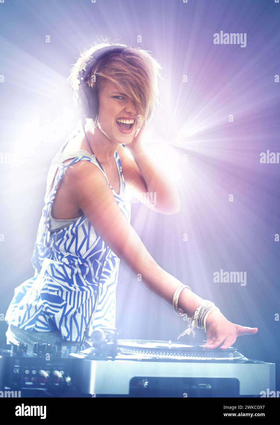 Woman, dj and portrait with headphones for music on stage with lens ...