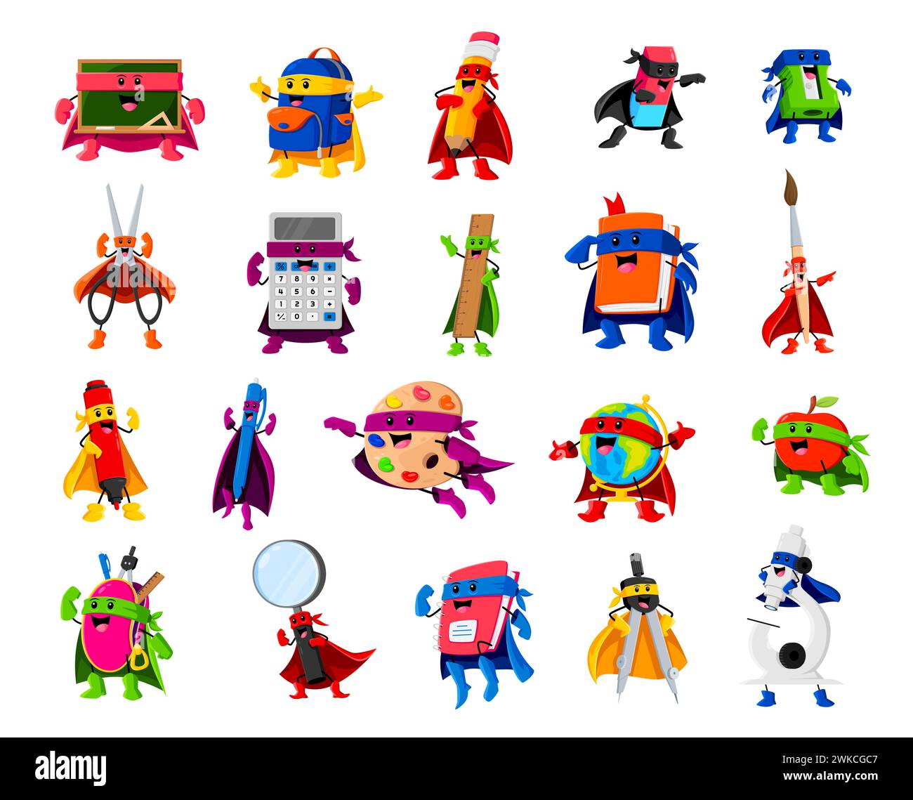 Cartoon school supply superhero and defender characters. Isolated ...