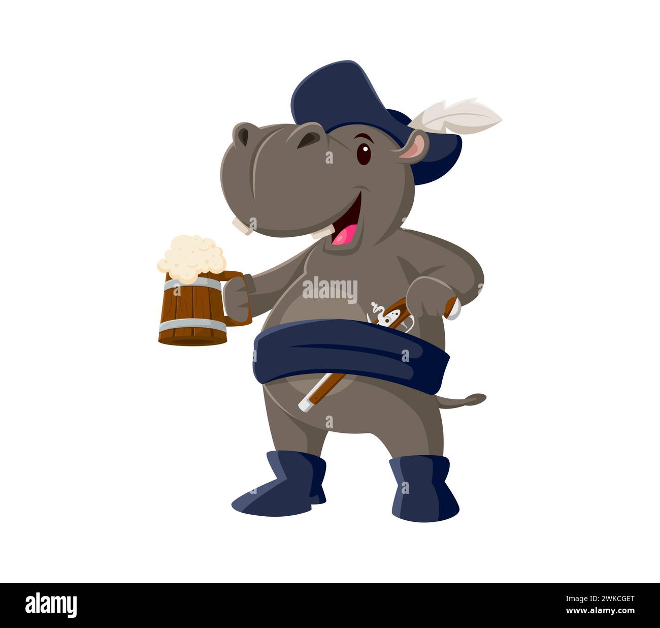 Cartoon hippo pirate animal character clad in feathered tricorn hat and ...
