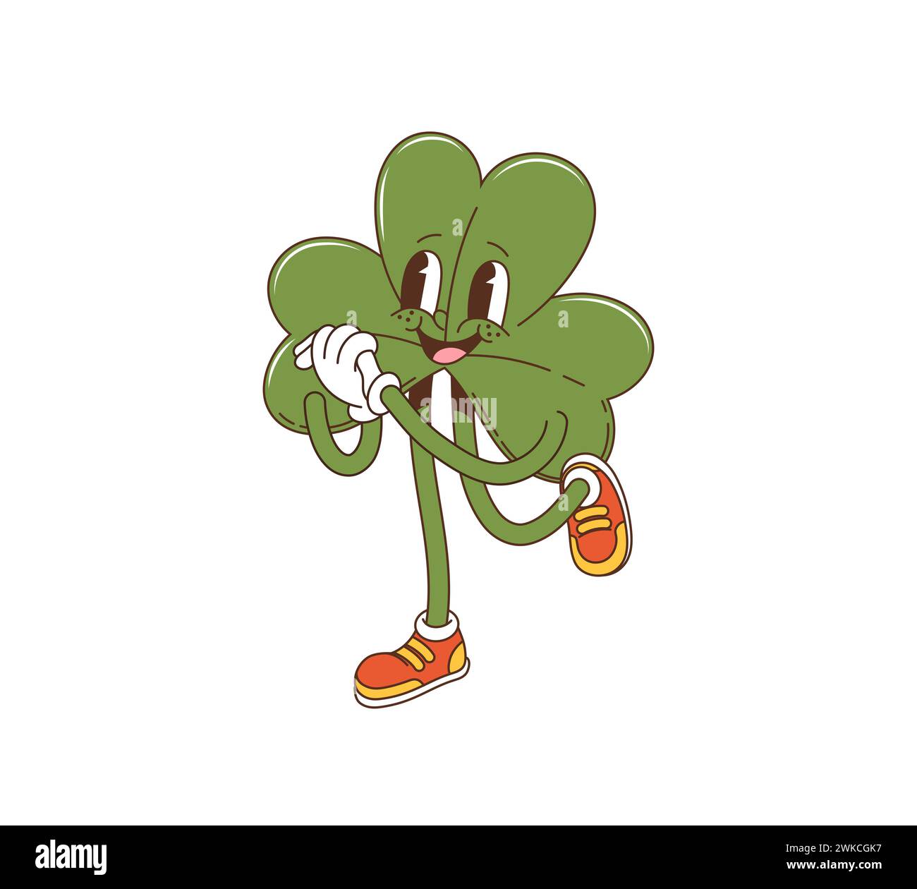 Cartoon retro groovy shamrock trefoil clover character. Isolated vector ...